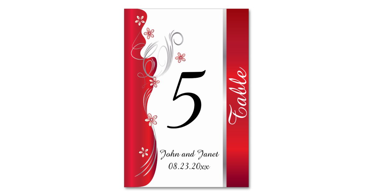 Modern Floral Wedding | Deep Red and Silver Table Number | Zazzle
