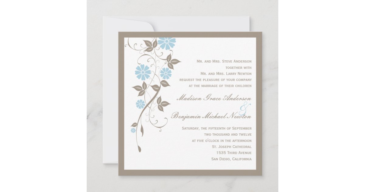 Modern Floral Wedding Invitation - Aqua Blue | Zazzle
