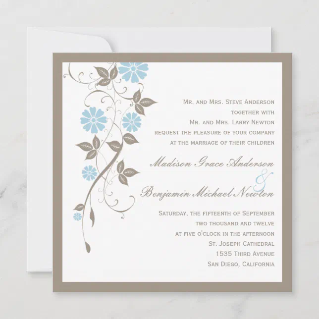 Modern Floral Wedding Invitation - Aqua Blue | Zazzle
