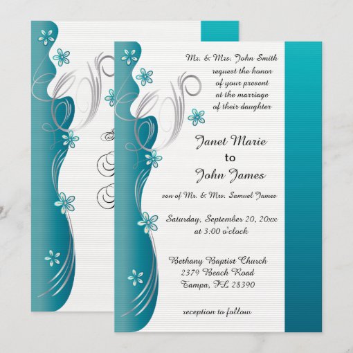 Modern Floral Wedding | Turquoise and Silver Invitation | Zazzle