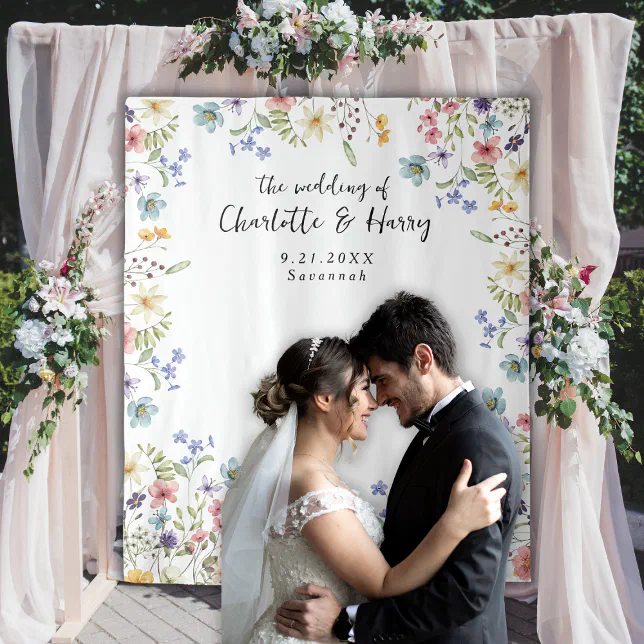 Modern Floral Wildflowers Wedding Photo Backdrop | Zazzle