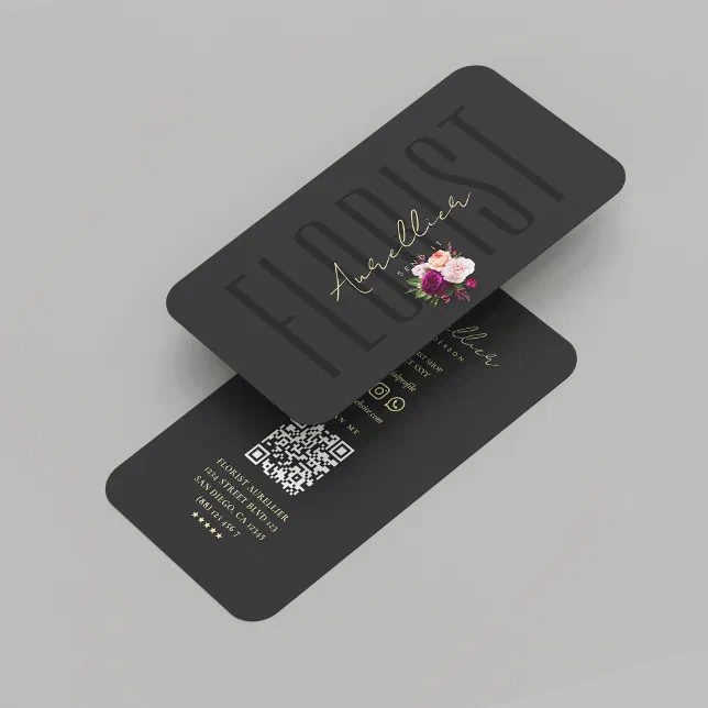 Modern Florist Shop Black Gold Flower Bouquet Business Card | Zazzle