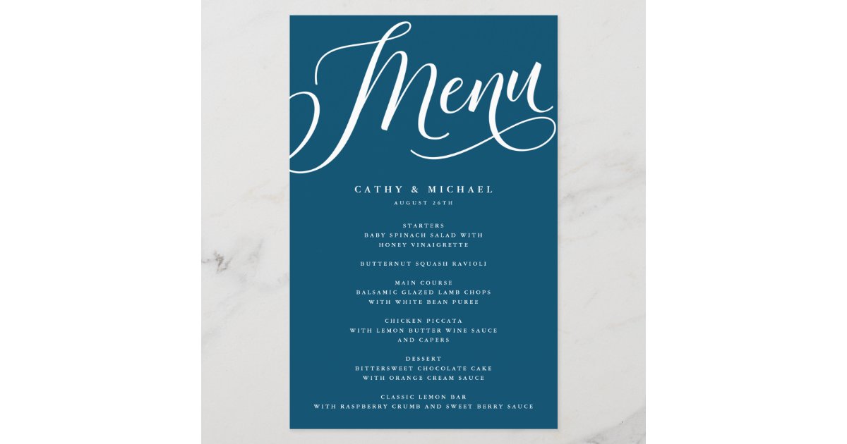 Modern Flourish Script, Dark Blue Paper Menu | Zazzle