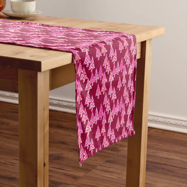 Modern Flower Christmas Trees, Burgundy & Pink Short Table Runner | Zazzle