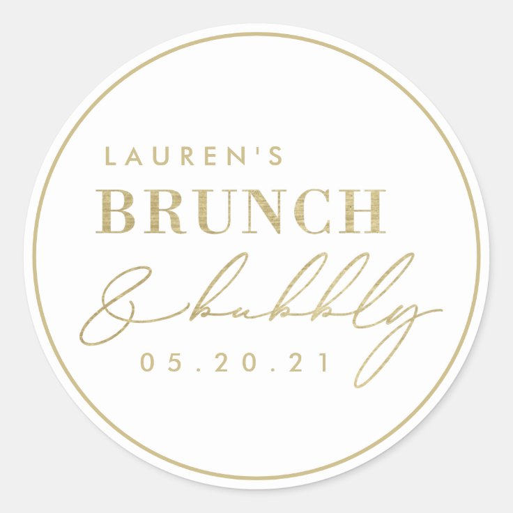 Modern Foil Gold Brunch and Bubbly Bridal Shower Classic Round Sticker ...