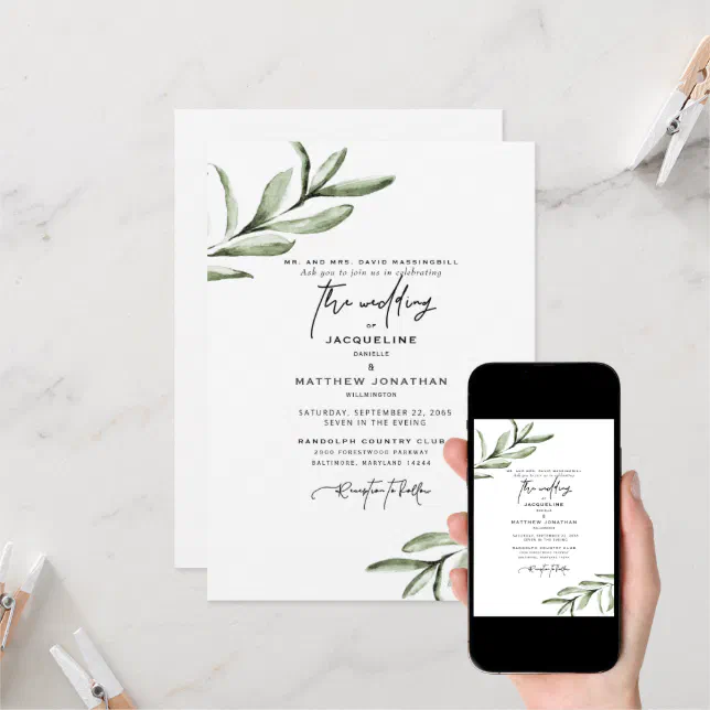 Modern Font Simple Foliage Wedding Invitation | Zazzle