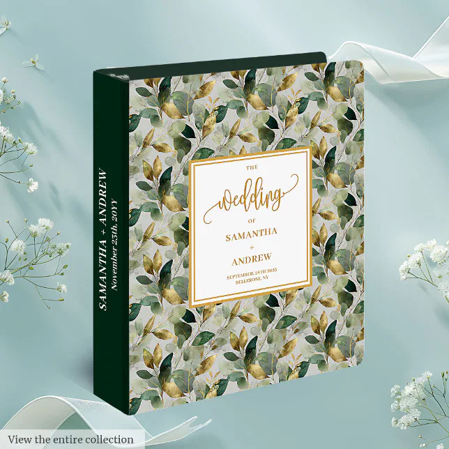 Modern Forest Green Gold Eucalyptus Wedding Binder | Zazzle