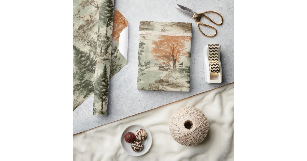 Modern Forest Hunting Green Toile de Jouy Pattern Wrapping Paper | Zazzle