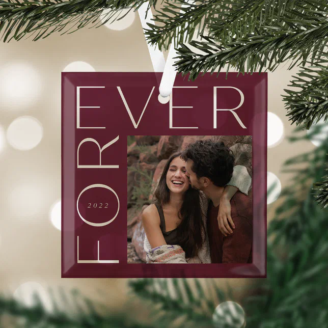 Modern Forever Couples Photo & Year Glass Ornament | Zazzle