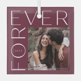 Modern Forever Couples Photo & Year Glass Ornament | Zazzle