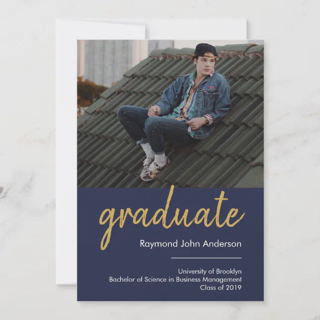 Modern Formal Blue Gold Graduate Script Graduation Announcement | Zazzle