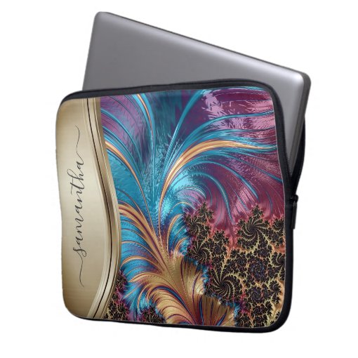 Modern Fractal Blue Gold Handwritten Name Case-Mat Laptop Sleeve | Zazzle