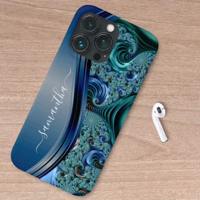 Modern Fractal Blue Handwritten Name Case-Mate iPhone Case | Zazzle