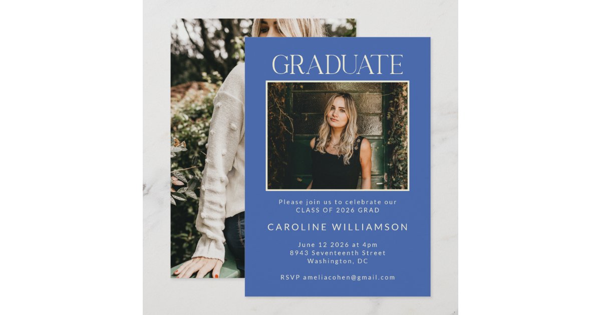 Modern French Blue Two Photo Graduation Party Invitation | Zazzle