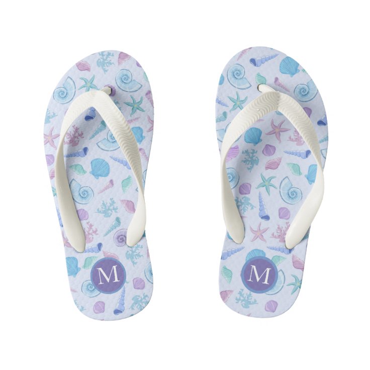 Modern Frosty Sea shell Pastel Monogram Kid's Flip Flops | Zazzle