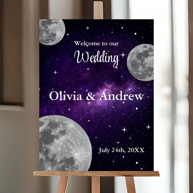 Modern Full Moon Starry Night Wedding Welcome Sign | Zazzle