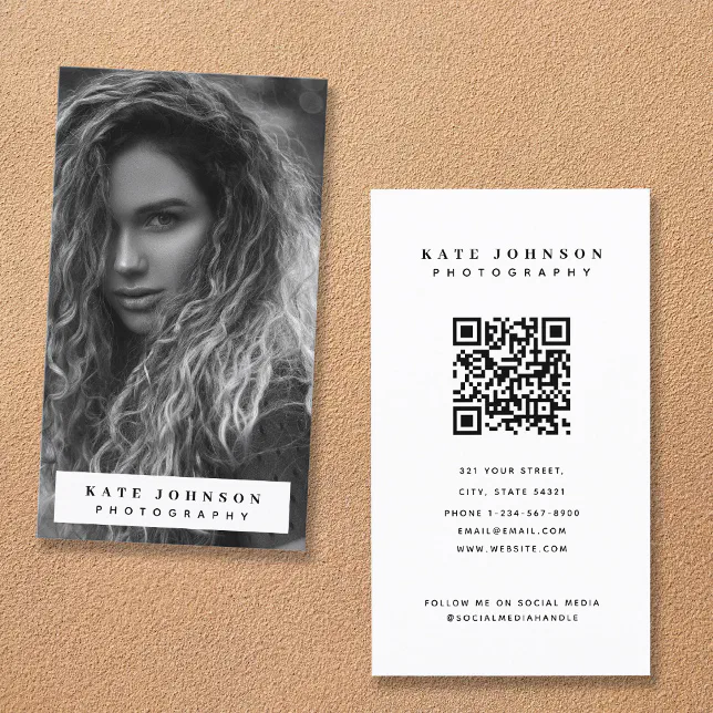 Modern Full Photo Vertical Photography QR Code Business Card | Zazzle