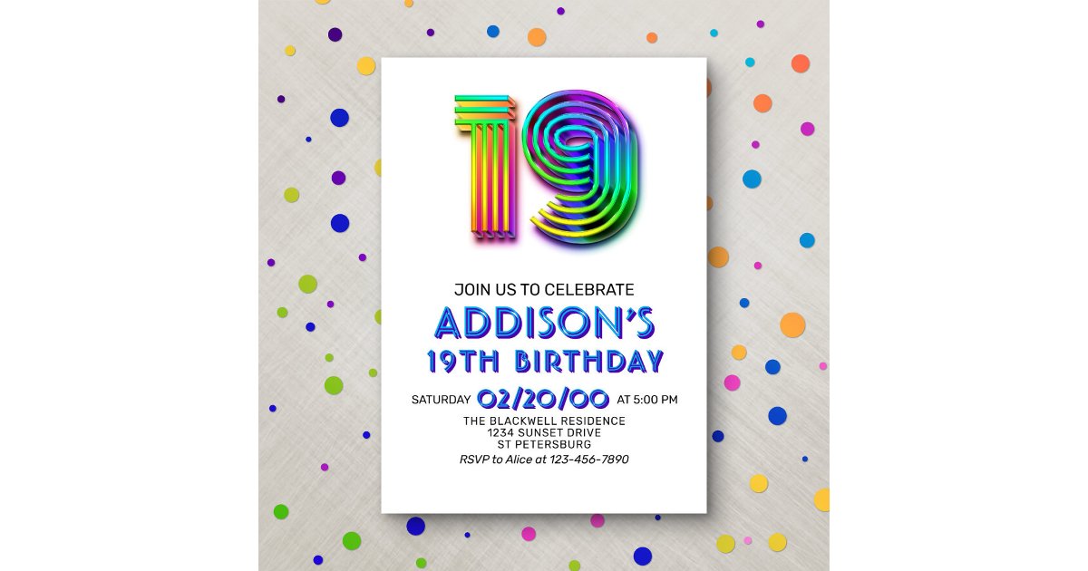 Modern Fun 19th Birthday Invitation | Zazzle