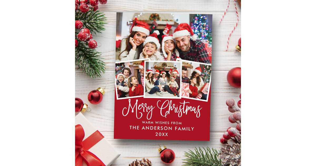 Modern Fun Calligraphy Christmas 4 Photo Red Postcard | Zazzle