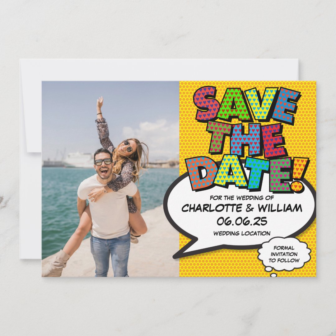 Modern Fun Comic Book Photo Save The Date Card | Zazzle