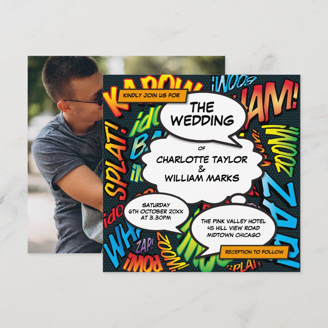 Modern Fun Comic Book Photo Square Wedding Invitation | Zazzle