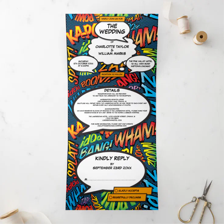 Modern Fun Comic Book Photo Wedding Tri-Fold Invitation | Zazzle