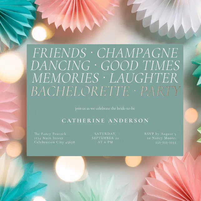 Modern Fun Mint Green Bachelorette Party Foil Invitation | Zazzle