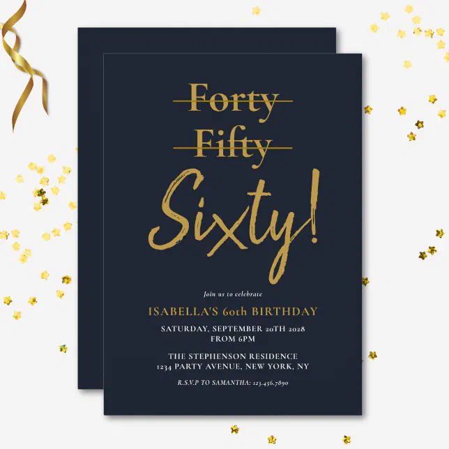 Modern Fun Sixty Navy Blue Gold 60th Birthday Invitation | Zazzle