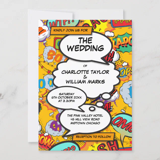 Modern Fun Typographic Comic Book Wedding Invitation | Zazzle