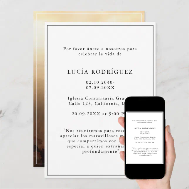 Modern Funeral Celebracion Spanish Memorial Photo Invitation | Zazzle
