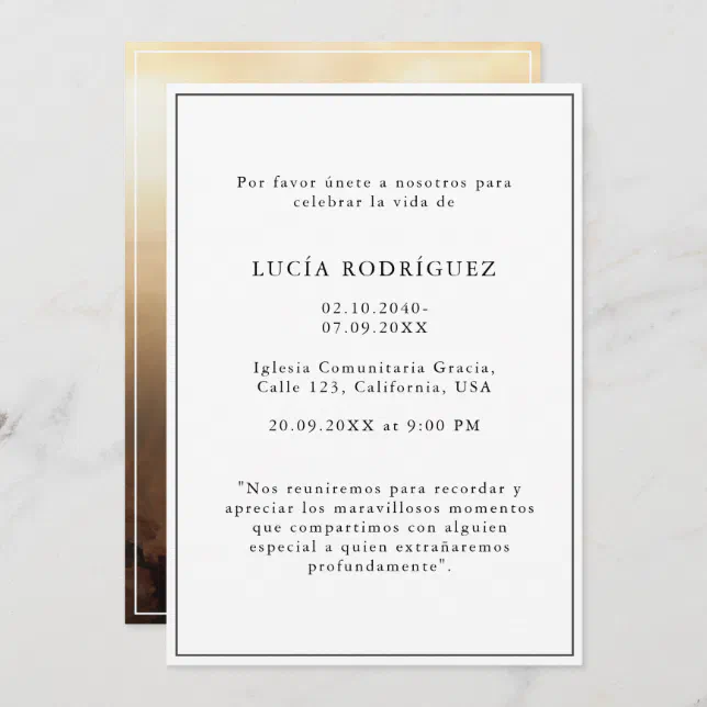 Modern Funeral Celebracion Spanish Memorial Photo Invitation | Zazzle