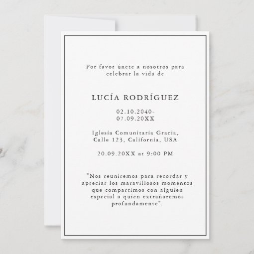 Modern Funeral Celebracion Spanish Memorial Photo Invitation | Zazzle