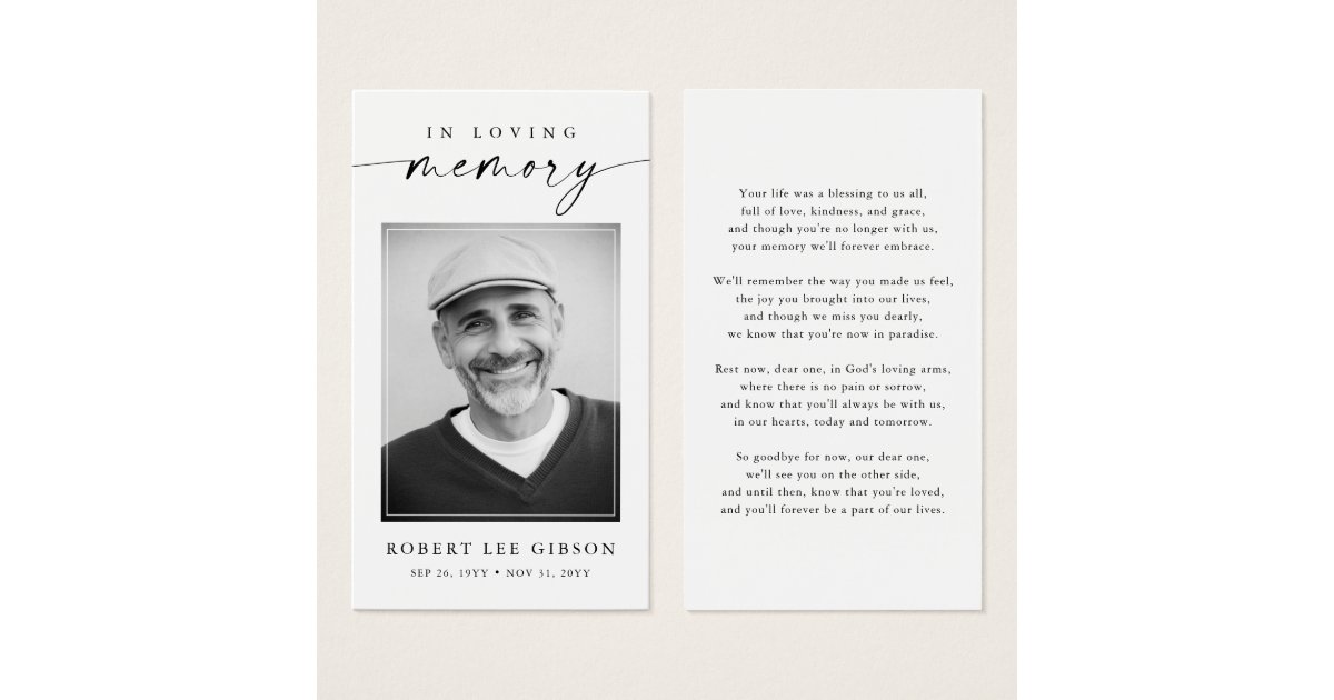Modern Funeral Sympathy Photo Memorial Prayer Card | Zazzle