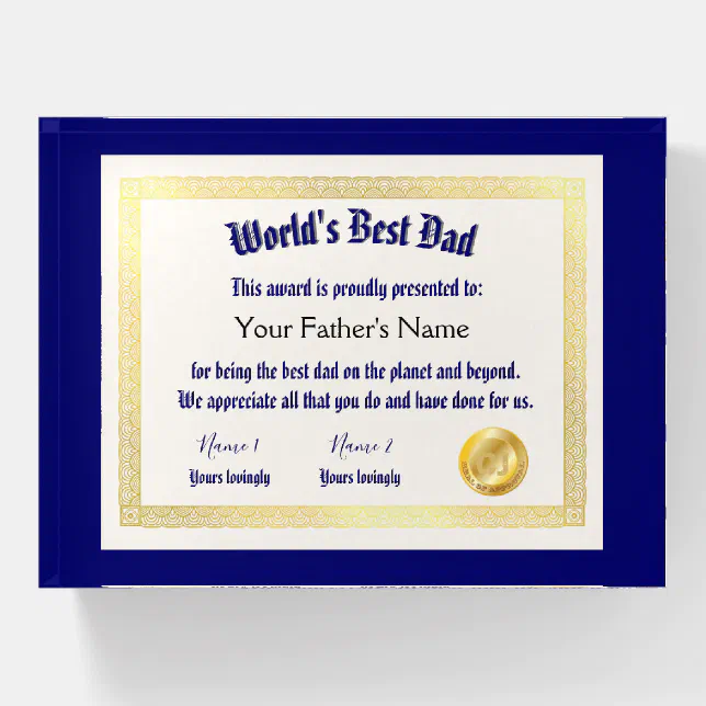 Modern Funny World's Best Dad Certificate Paperweight | Zazzle