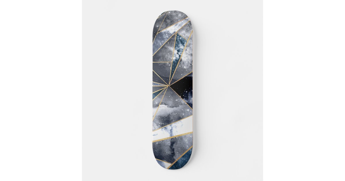 Modern Galaxy Nebula Geometric Gold Triangles Skateboard | Zazzle