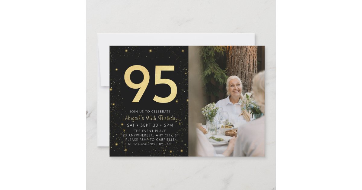 Modern Galaxy Photo Black Gold 95th Birthday Party Invitation | Zazzle