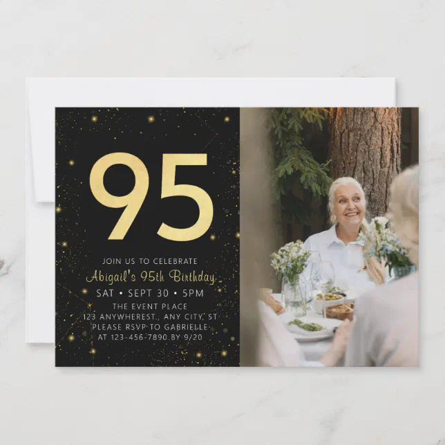 Modern Galaxy Photo Black Gold 95th Birthday Party Invitation | Zazzle