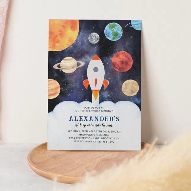 Modern Galaxy Planets Space Rocket Kids Birthday Invitation | Zazzle