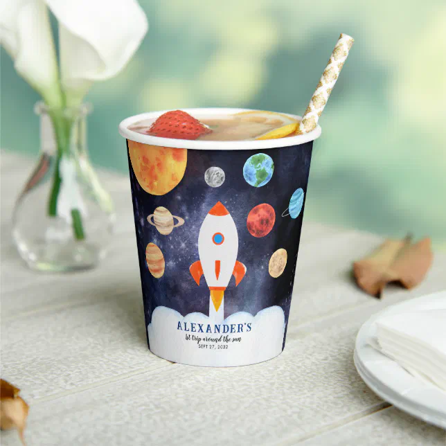 Modern Galaxy Planets Space Rocket Kids Birthday Paper Cups | Zazzle