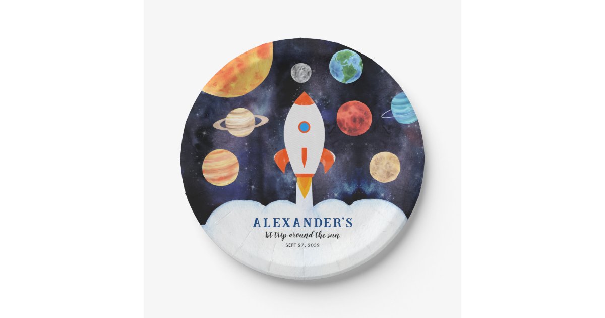 Modern Galaxy Planets Space Rocket Kids Birthday Paper Plates | Zazzle