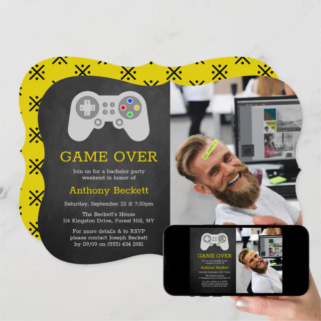 Modern Game Over Photo Bachelor Party Invitations | Zazzle