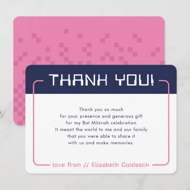 MODERN GAMING THANKS Bat Mitzvah navy blue pink Thank You Card | Zazzle