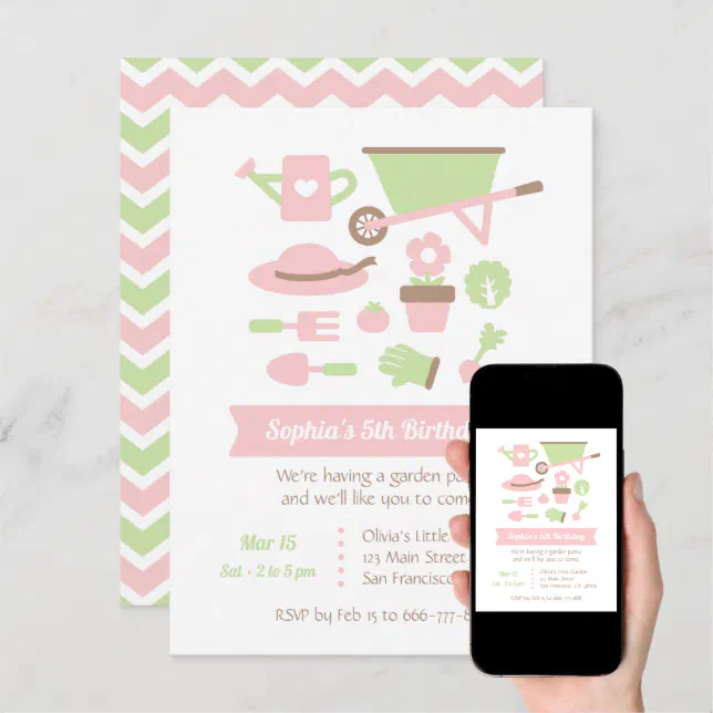 Modern Garden Tools and Plants Birthday Party Invitation | Zazzle
