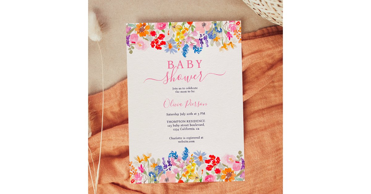 Modern garden wildflowers script baby shower invitation | Zazzle