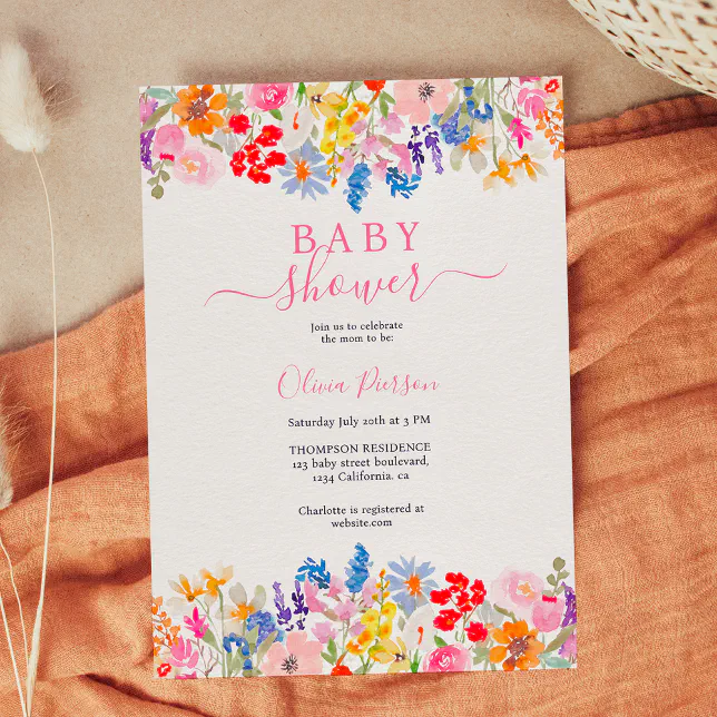 Modern garden wildflowers script baby shower invitation | Zazzle
