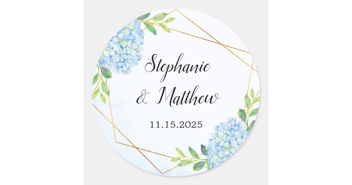 Modern Geometric Blue Hydrangea Wedding Classic Round Sticker | Zazzle