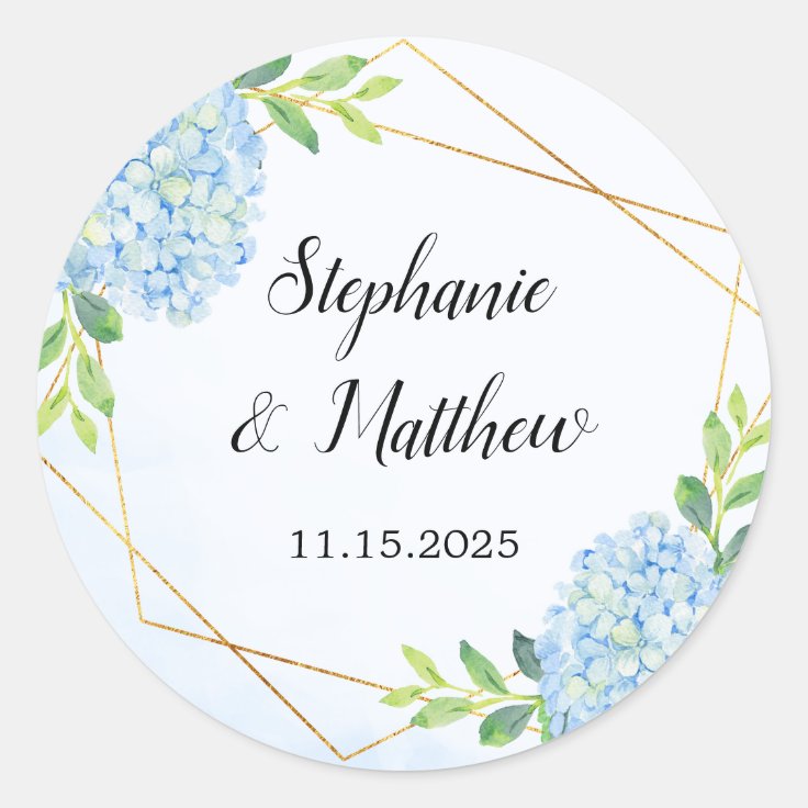 Modern Geometric Blue Hydrangea Wedding Classic Round Sticker | Zazzle