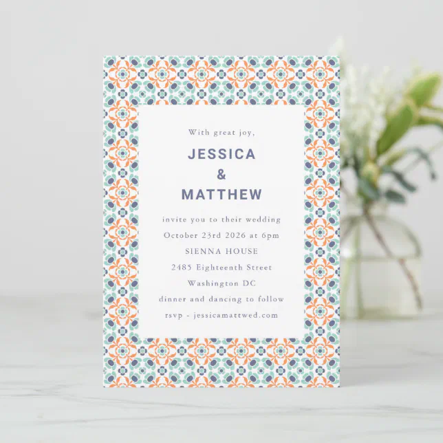 Modern Geometric Blue Orange Moroccan Wedding Invitation | Zazzle