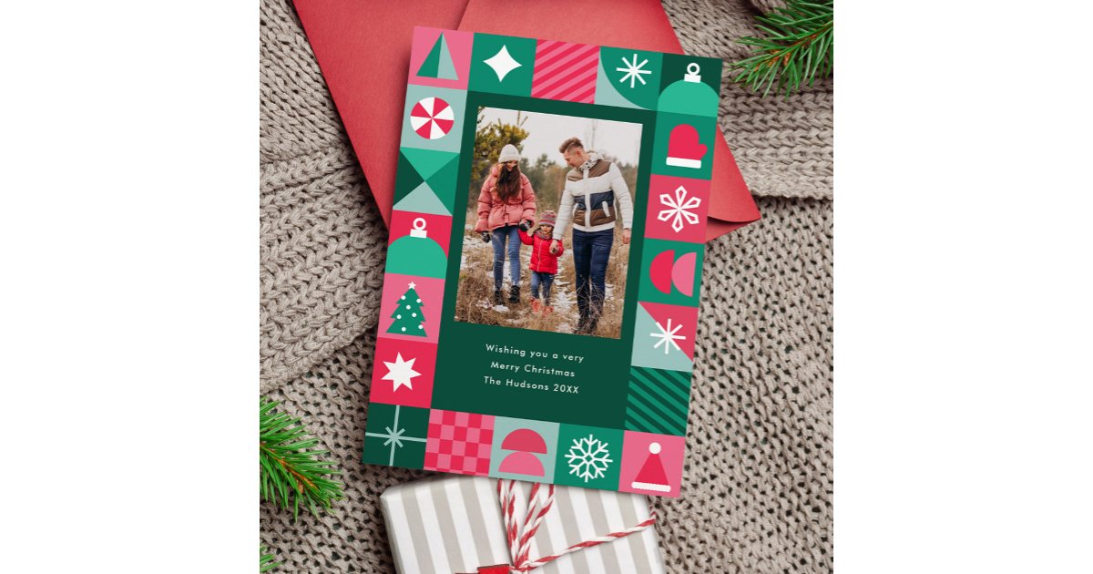 Modern Geometric Christmas Icons Photo Holiday Card | Zazzle