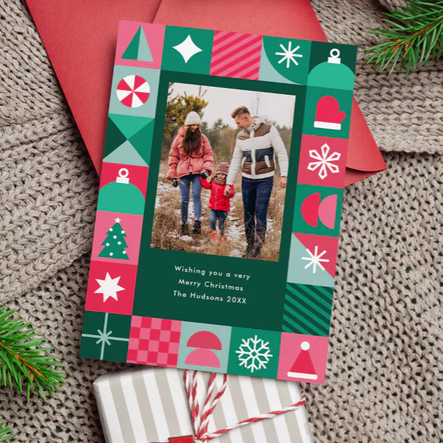 Modern Geometric Christmas Icons Photo Holiday Card | Zazzle